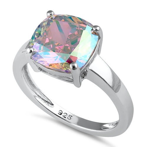 Sterling Silver Cushion Cut Iridescent Rainbow CZ Ring 8