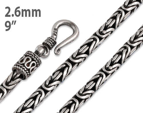 Sterling Silver 9" Round Byzantine Chain Necklace - 2.6MM
