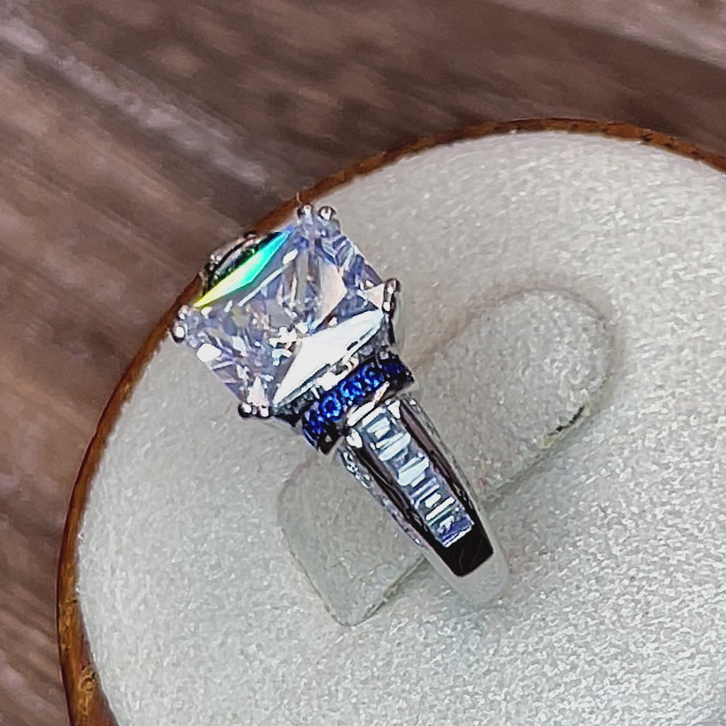 Sterling Silver Emerald-Cut Blue CZ Ring