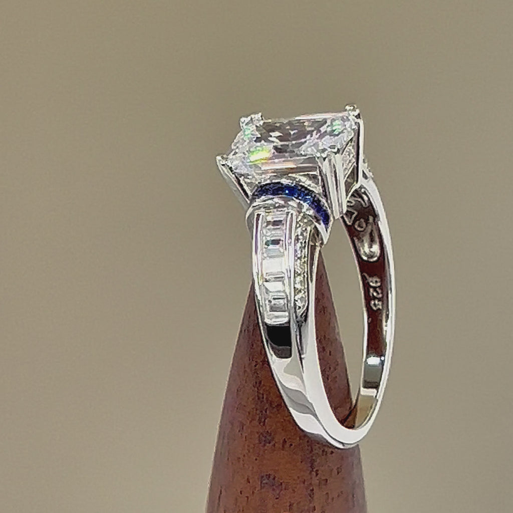 Sterling Silver Emerald-Cut Blue CZ Ring